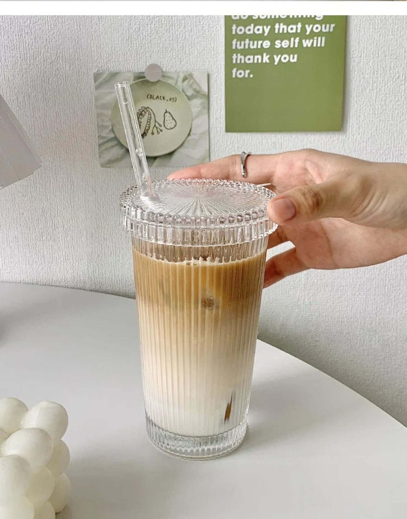 Simple Stripe Glass Cup With Lid and Straw Transparent Bubble Tea Cup ...