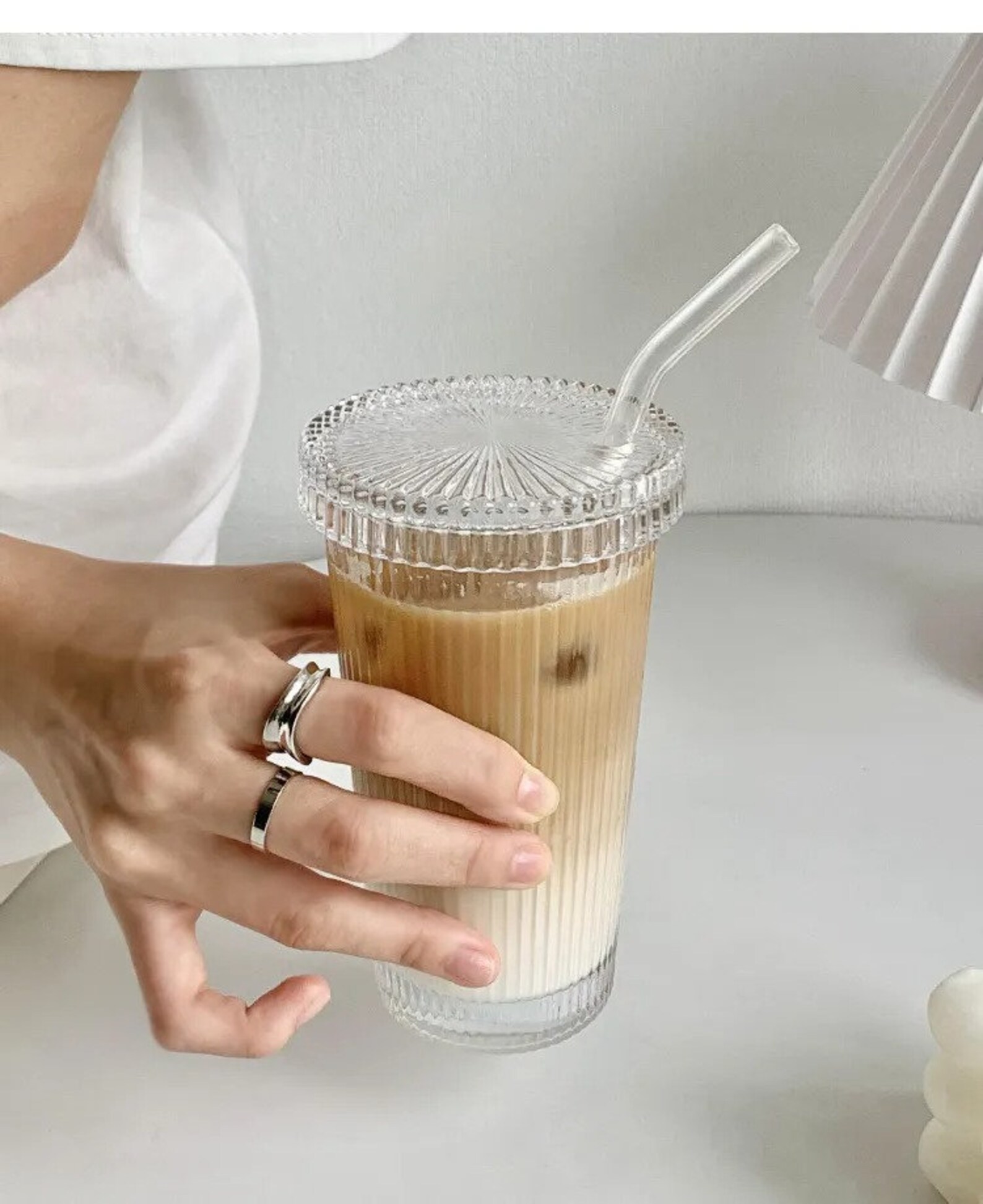 Simple Stripe Glass Cup With Lid and Straw Transparent Bubble Tea Cup ...