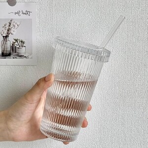 Simple Stripe Glass Cup With Lid and Straw Transparent Bubble Tea Cup ...