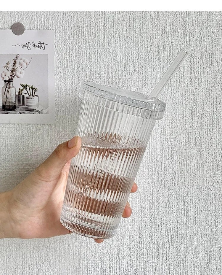 Simple Stripe Glass Cup With Lid and Straw Transparent Bubble Tea Cup ...