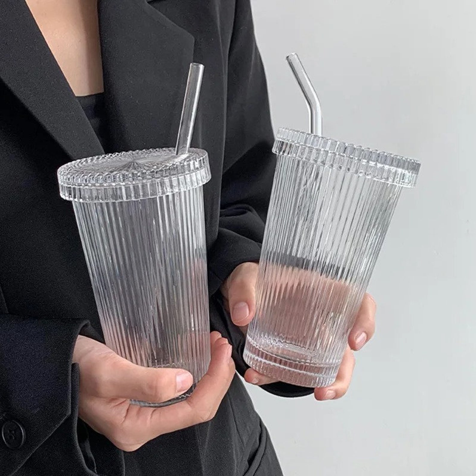 Simple Stripe Glass Cup With Lid and Straw Transparent Bubble Tea Cup ...
