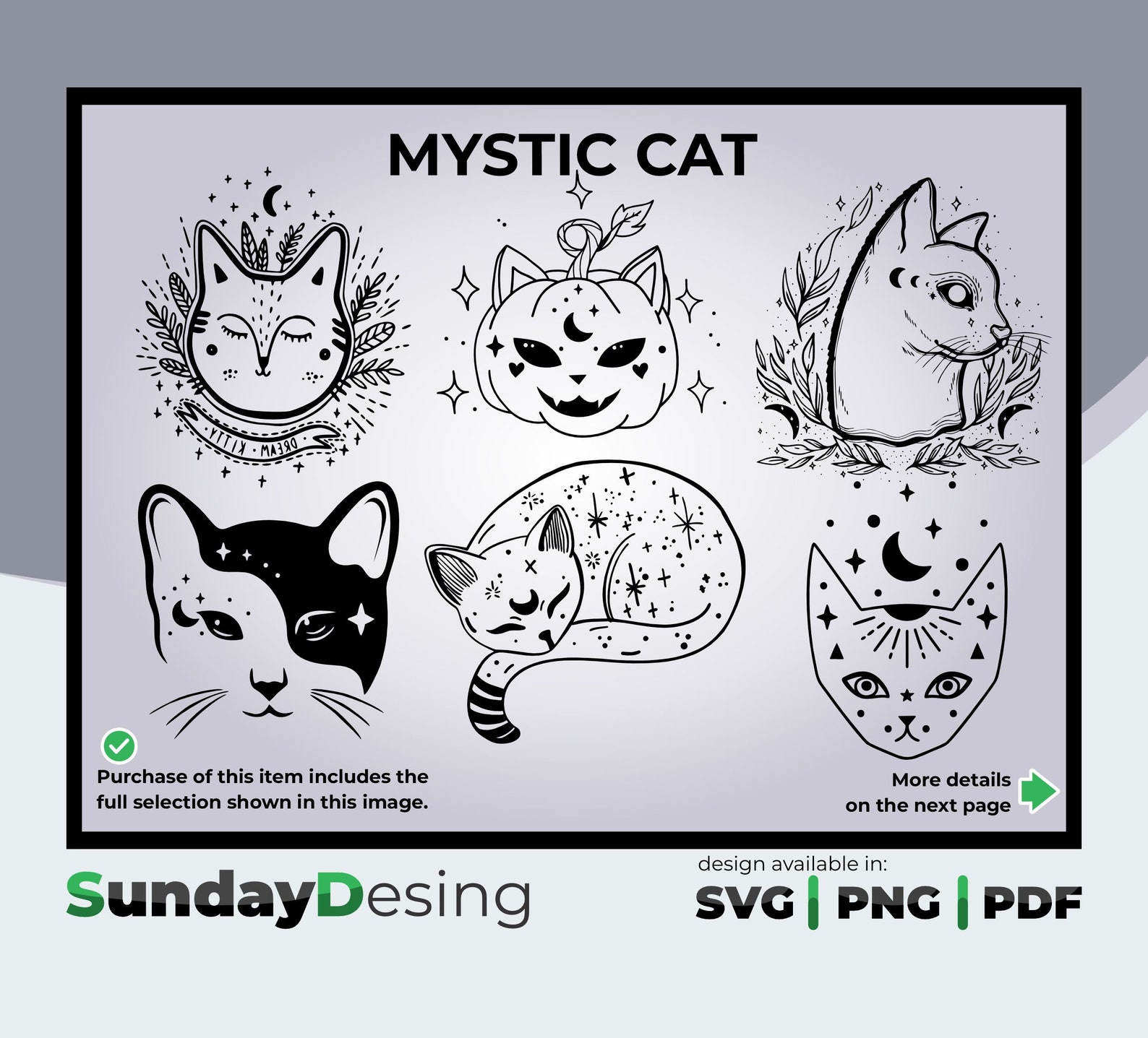 Mystic Cat Lineart, Moon and Cat Design, Eps, Svg, Dxf, Ai, Png ...