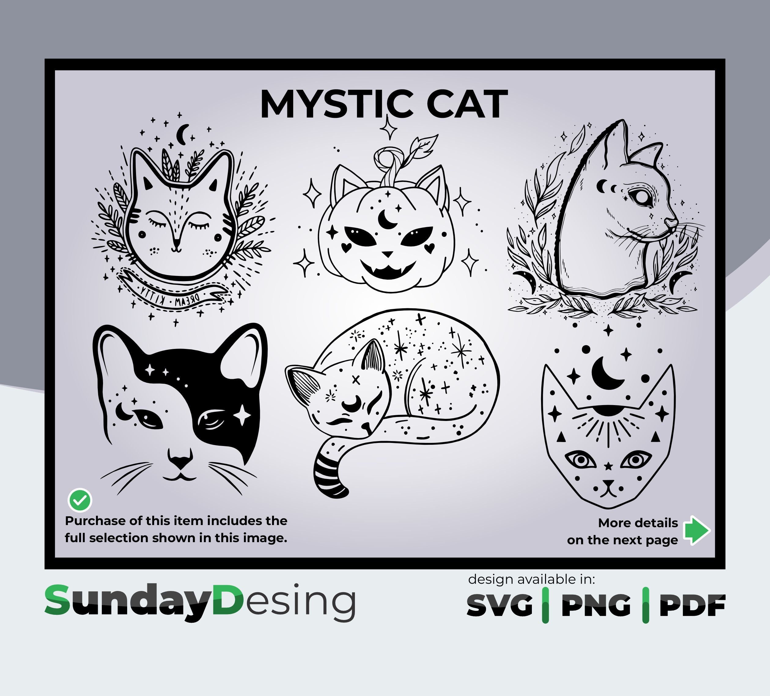 Mystic Cat Lineart, Moon and Cat Design, Eps, Svg, Dxf, Ai, Png ...