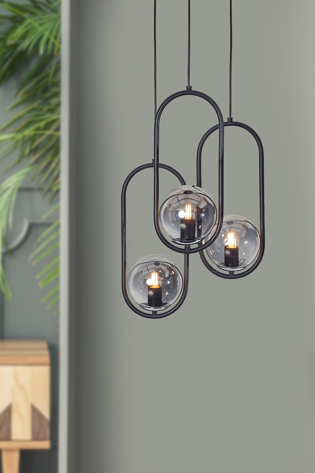 Modern Black Chandelier With Chrome Details and Smoked Glass Spheres ...
