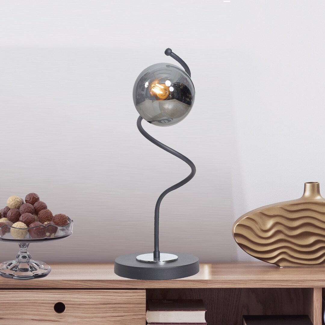 Sleek Black and Chrome Desk Lamp With Smoked Glass Globe, Modern Curved ...