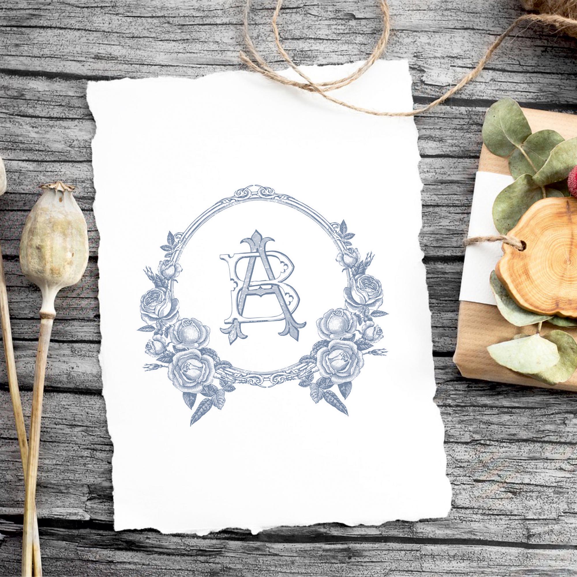 BA-AB Monogram, Rose Frame, Vintage Wedding Monogram Crest, Flowers ...