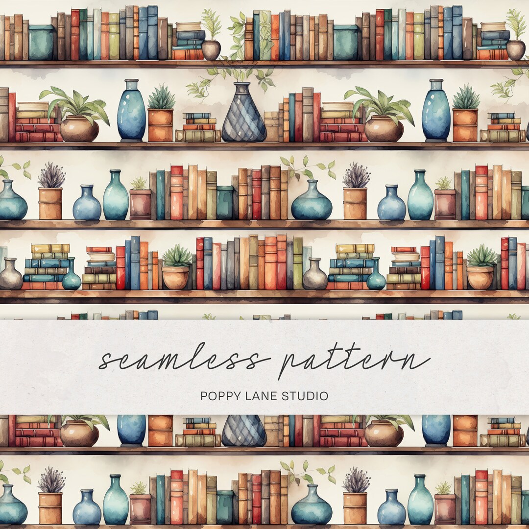 Cute Seamless Bookshelf Background, Watercolor Bookshelf Pattern ...