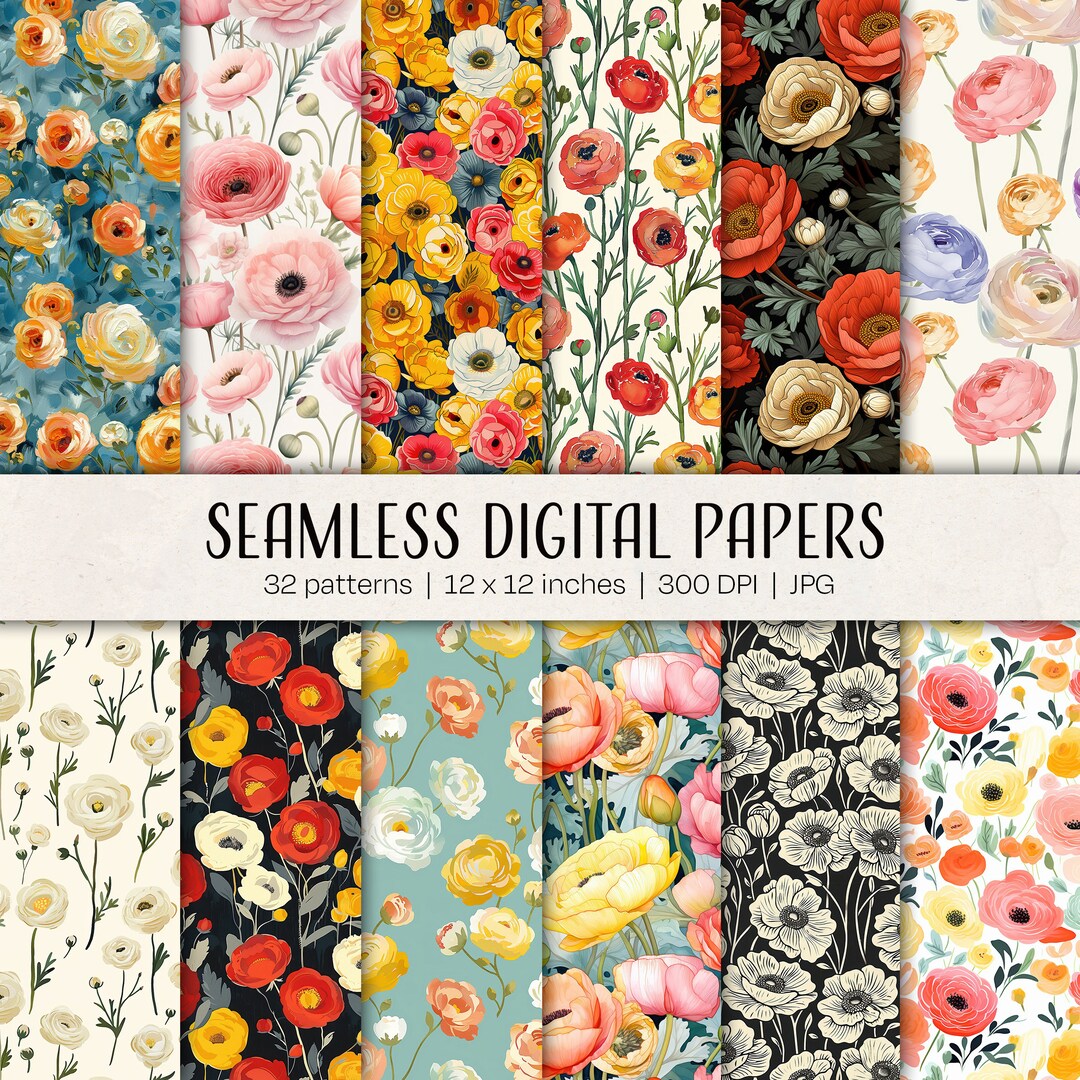 Ranunculus Background Pattern, Seamless Ranunculus Digital Paper ...