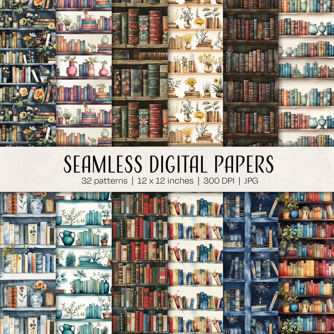 Watercolour Bookshelf Pattern, Bookshelf Digital Paper, Seamless ...