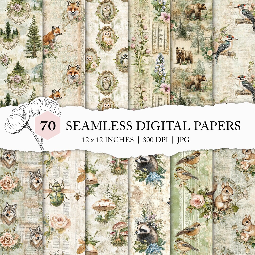 Vintage Woodland Animal Pattern, Shabby Chic Forest Animal Digital ...