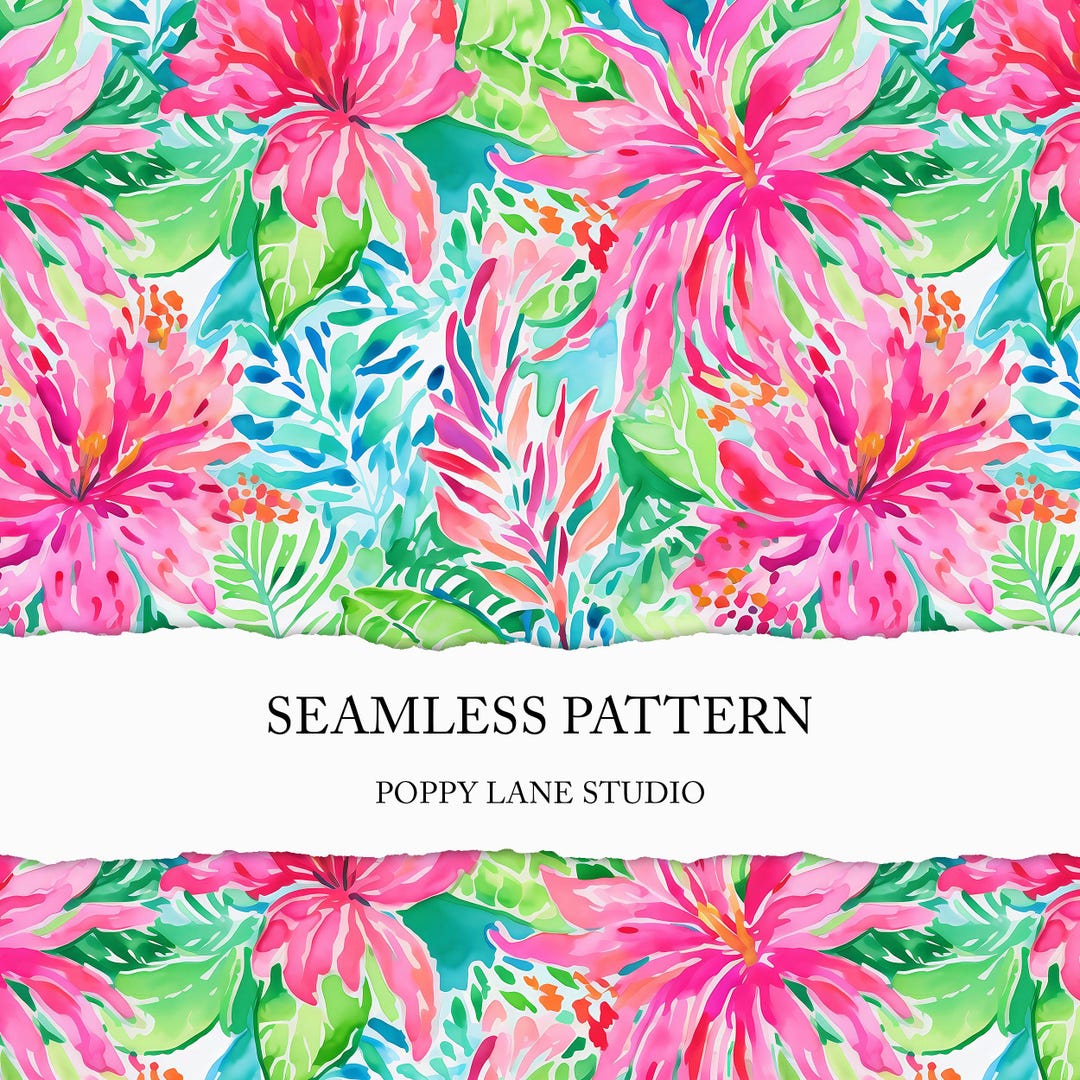 Preppy Tropical Seamless Pattern, Watercolour Hibiscus Background ...