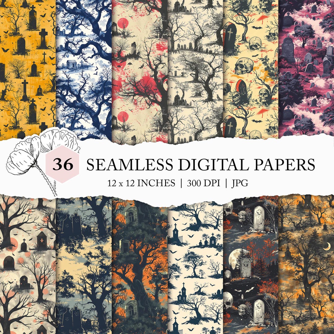 Seamless Haunted Cemetery Pattern, Graveyard Seamless Background ...