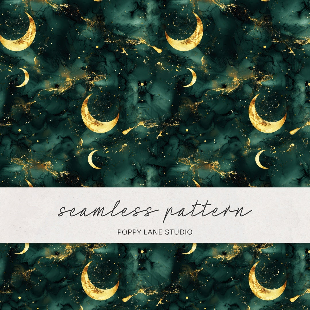 Astral Pattern, Astral Paper, Dark Green Gold Moon Stars, Night Sky ...