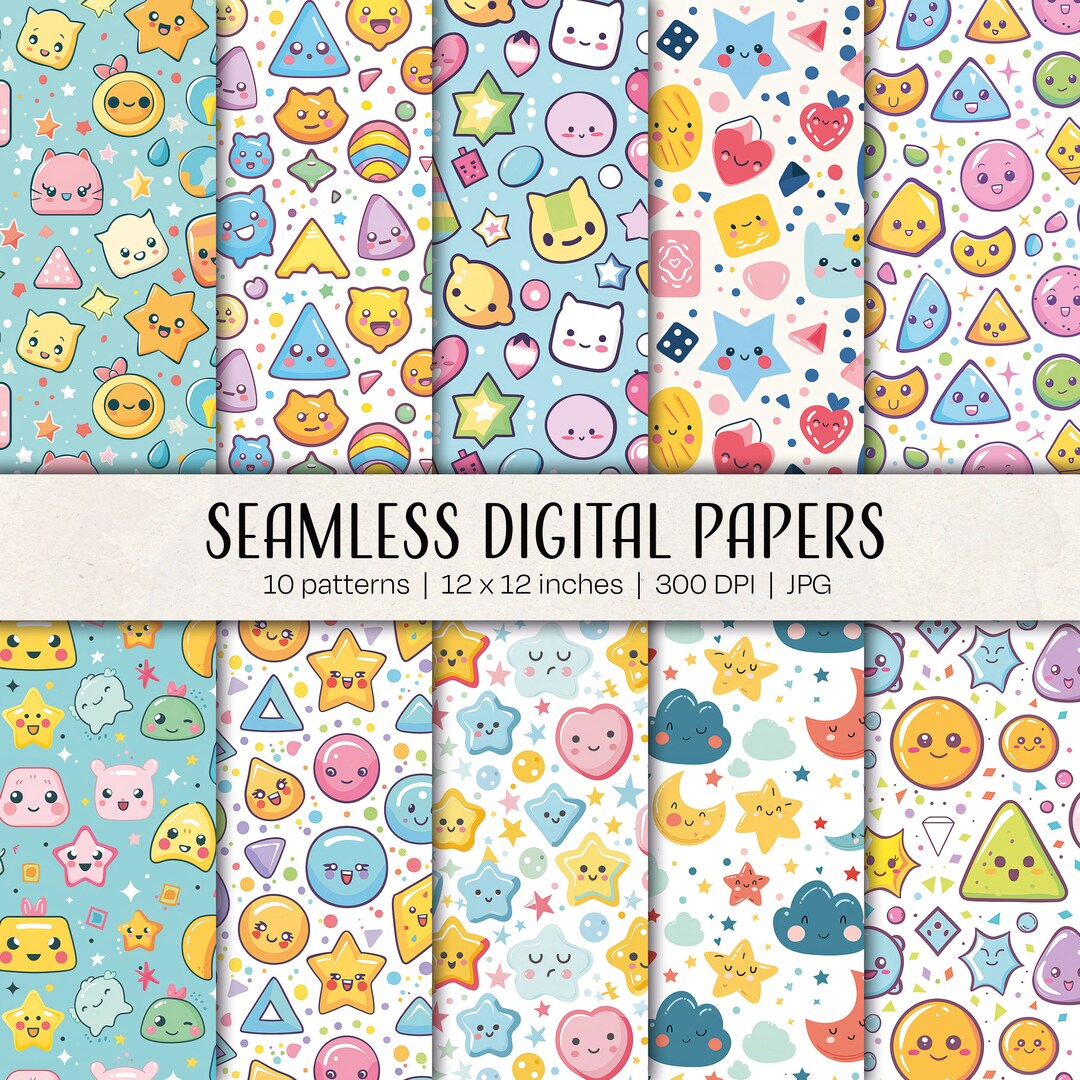 Cute Kawaii Shapes Pattern, Kawaii Shapes Digital Papers, Japanese ...