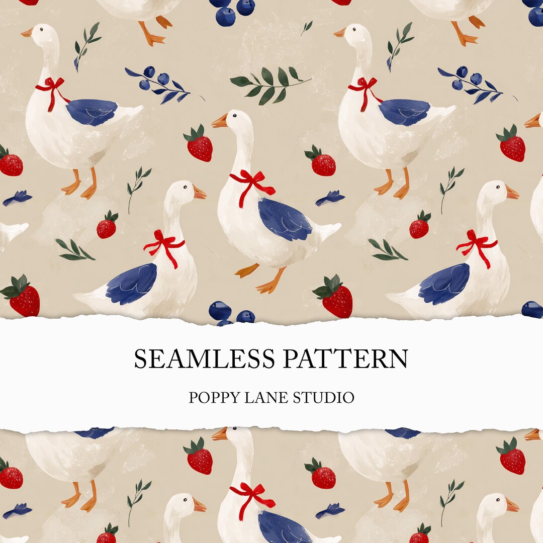 Goose Seamless Pattern, Goose With Ribbon Background, Strawberry ...