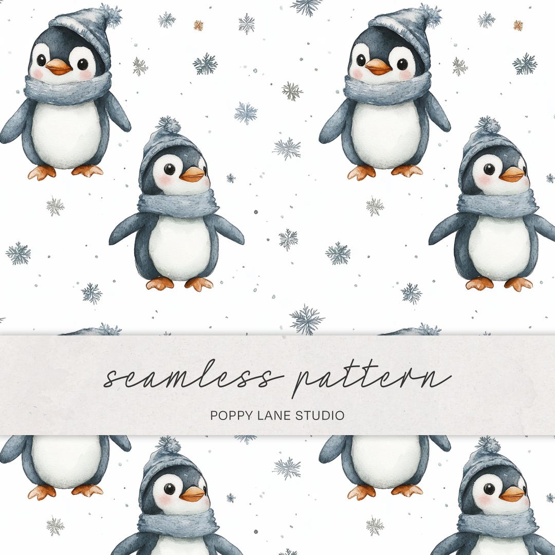Watercolour Penguin Background, Cute Penguin Seamless Pattern, Winter ...