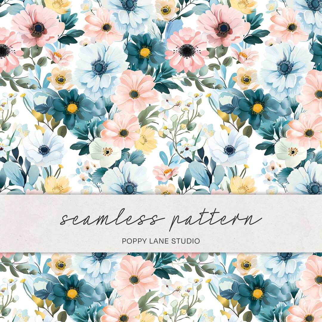 Blush Pink Teal Watercolour Flower Pattern, Watercolour Flower Digital ...