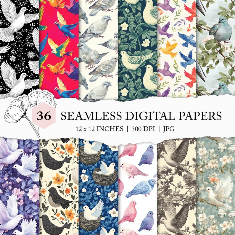 Dove Pattern, Seamless Pigeon Background, Pigeon Digital Paper, Dove Seamless Pattern, Wildlife ...