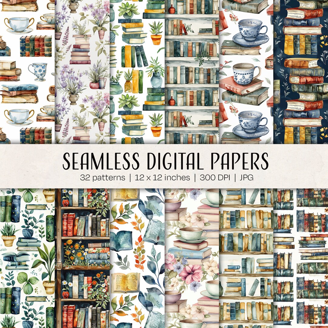 Watercolour Book Pattern, Seamless Book Background, Botanical Library ...