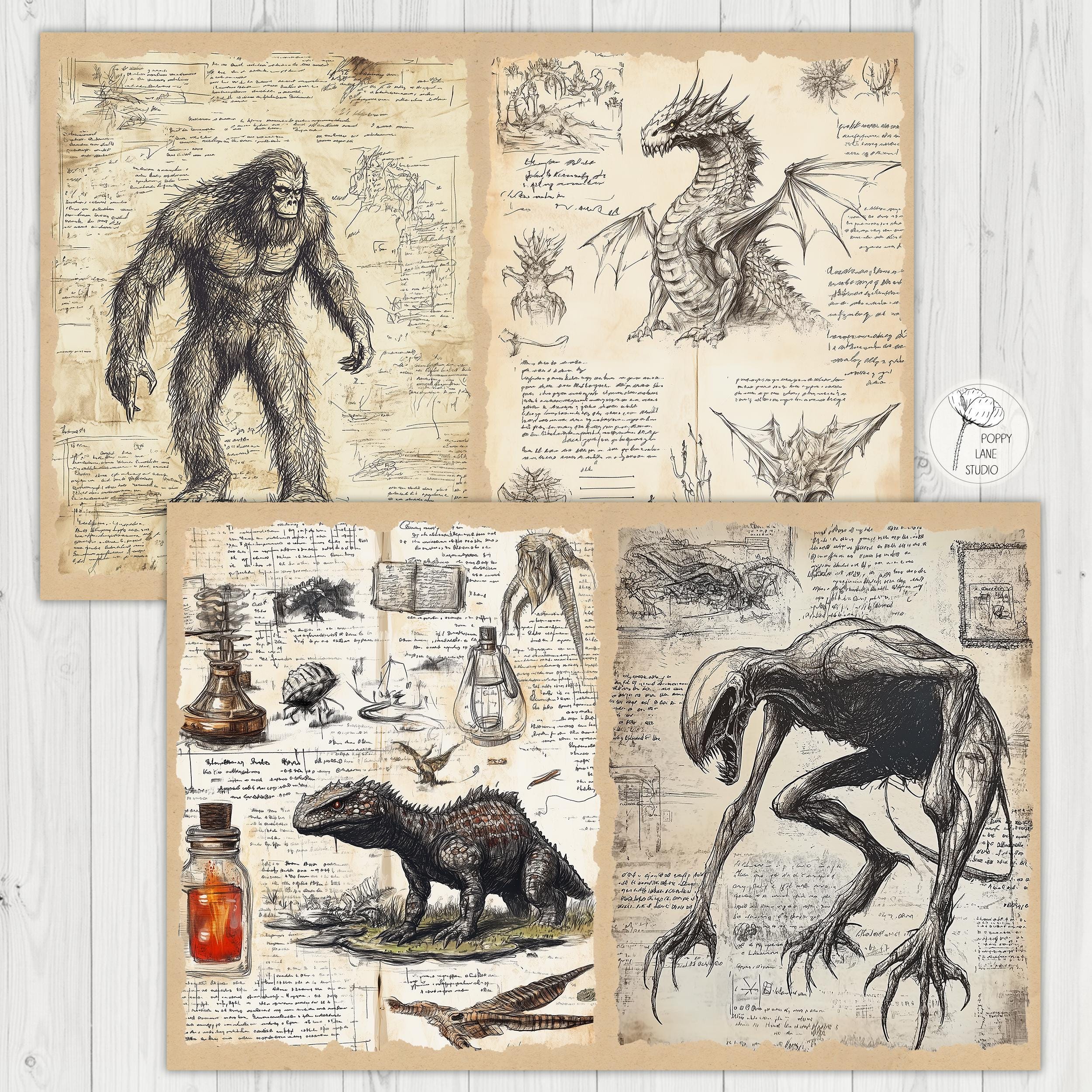 Cryptid Sketches, Mythical Creature Junk Journal, Monster Digital Paper ...