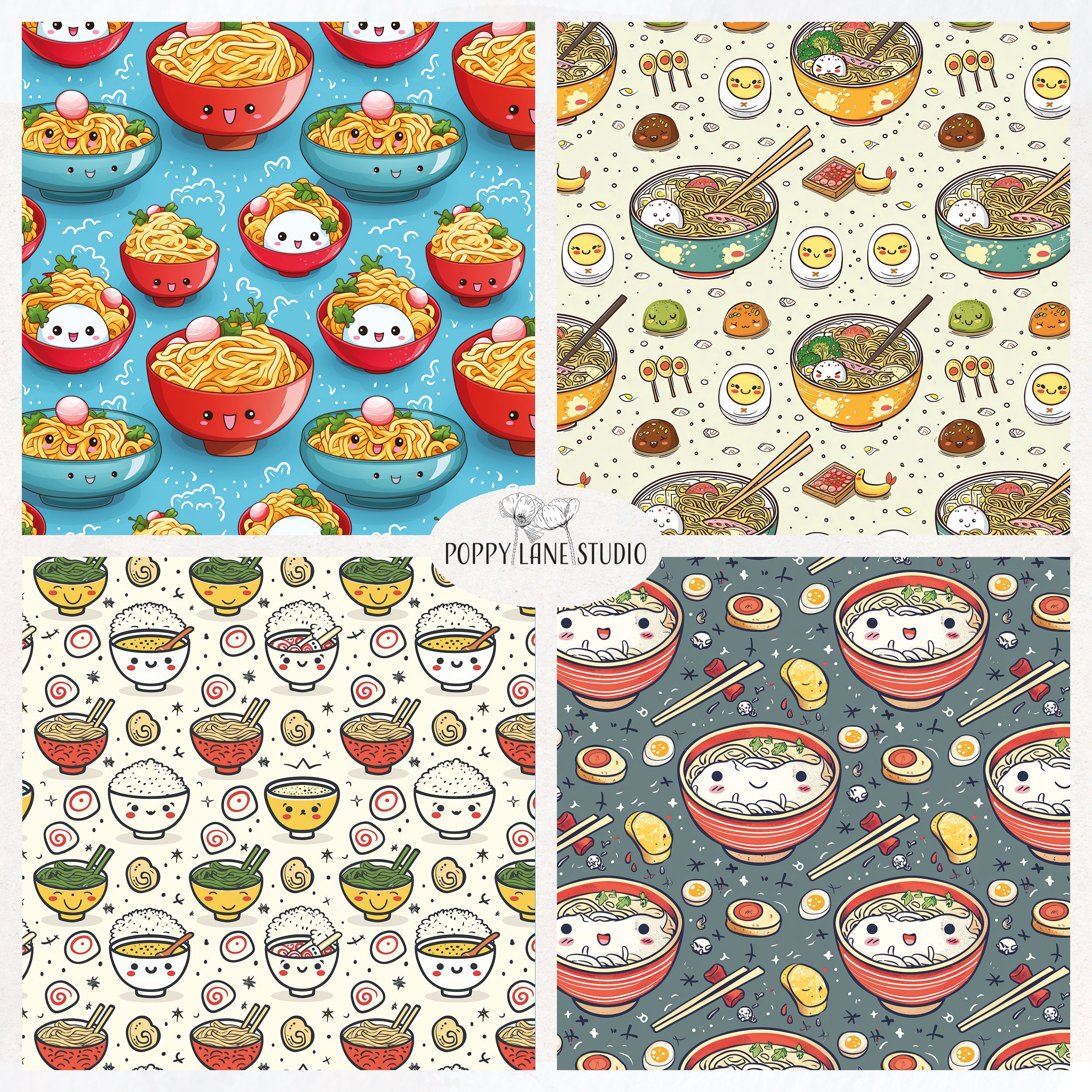 Cute Kawaii Ramen Pattern, Kawaii Ramen Digital Paper, Cute Chibi ...