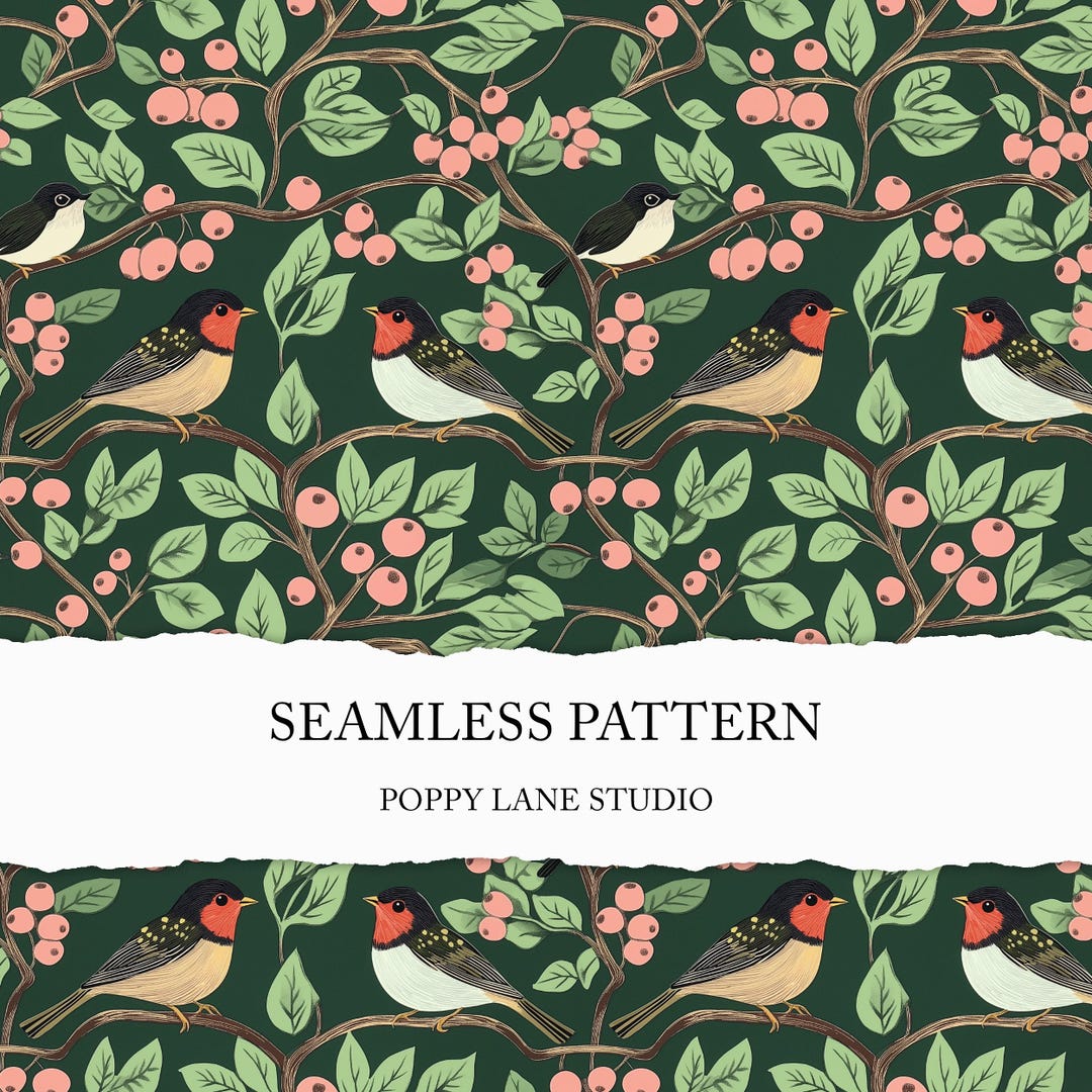 Green Birds and Berries Background, Seamless Bird Pattern, Wildlife ...