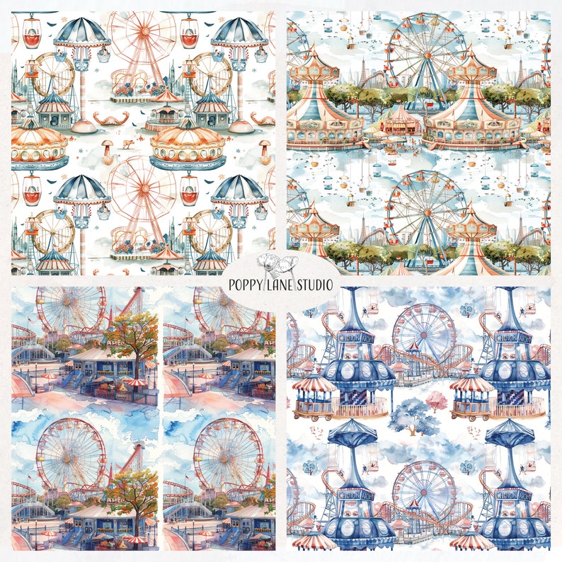 Watercolour Fair Pattern, Amusement Park Digital Paper, Coney Island ...