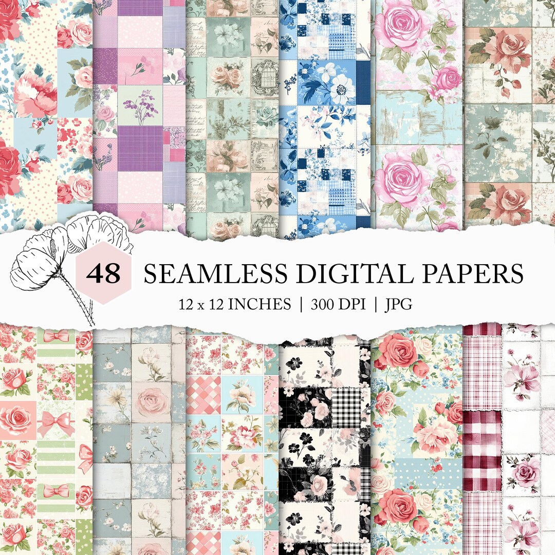 Shabby Chic Patchwork Digital Paper, Vintage Patchwork Seamless Pattern ...