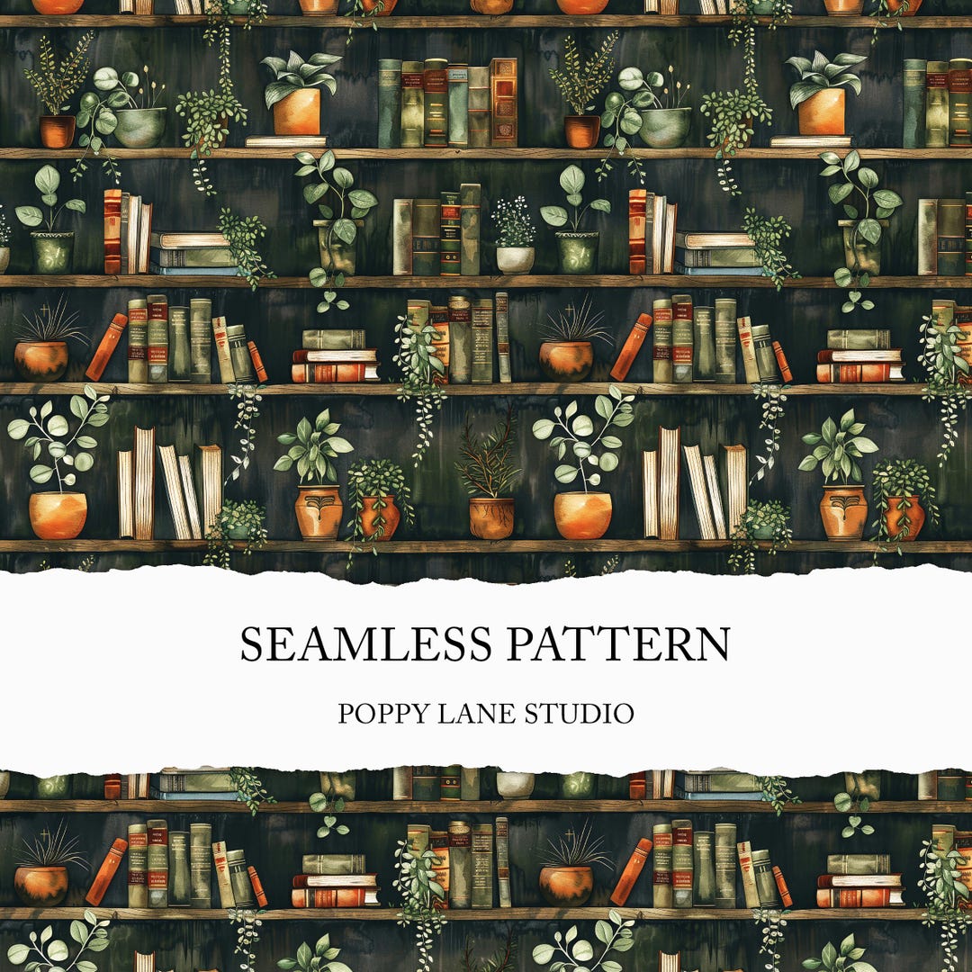 Seamless Bookshelf Pattern, Botanical Bookshelf Seamless Background ...