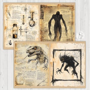 Cryptid Sketches, Mythical Creature Junk Journal, Monster Digital Paper ...