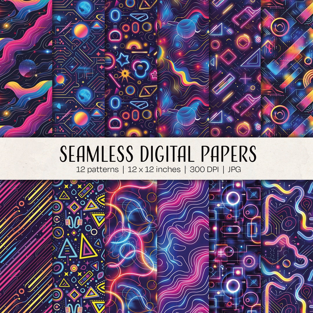 Neon 80s Pattern, Neon 80s Digital Paper, 1980s 80s Disco Neon Light ...