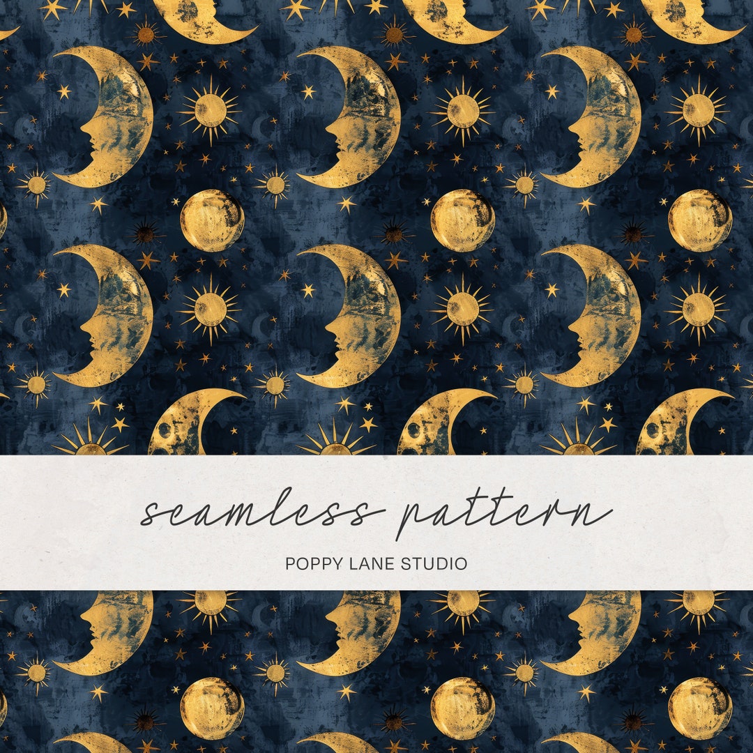 Celestial Pattern, Celestial Digital Paper, Dark Blue Gold Moon Sun ...