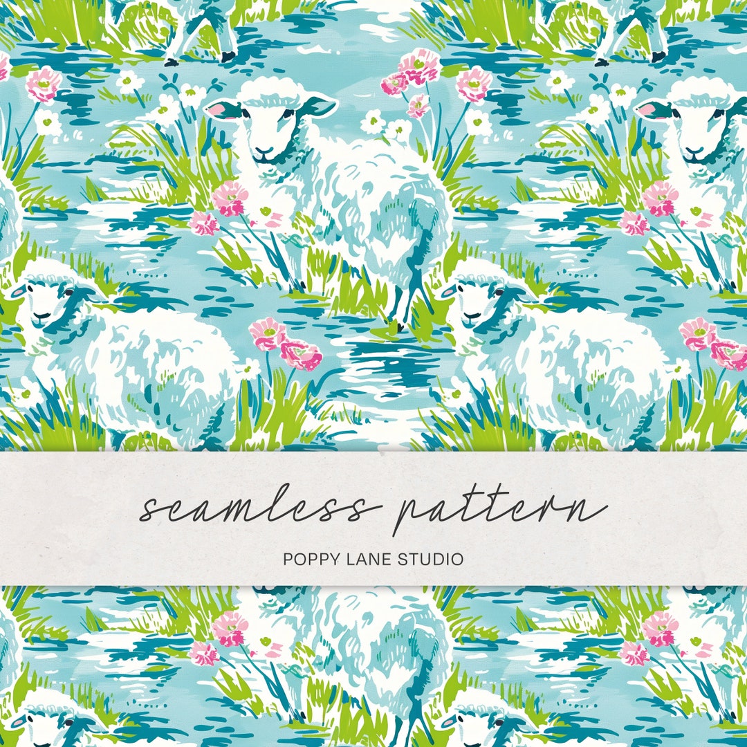 Modern Sheep Pattern, Cute Lamb Seamless Pattern, Blue Green Teal Sheep ...