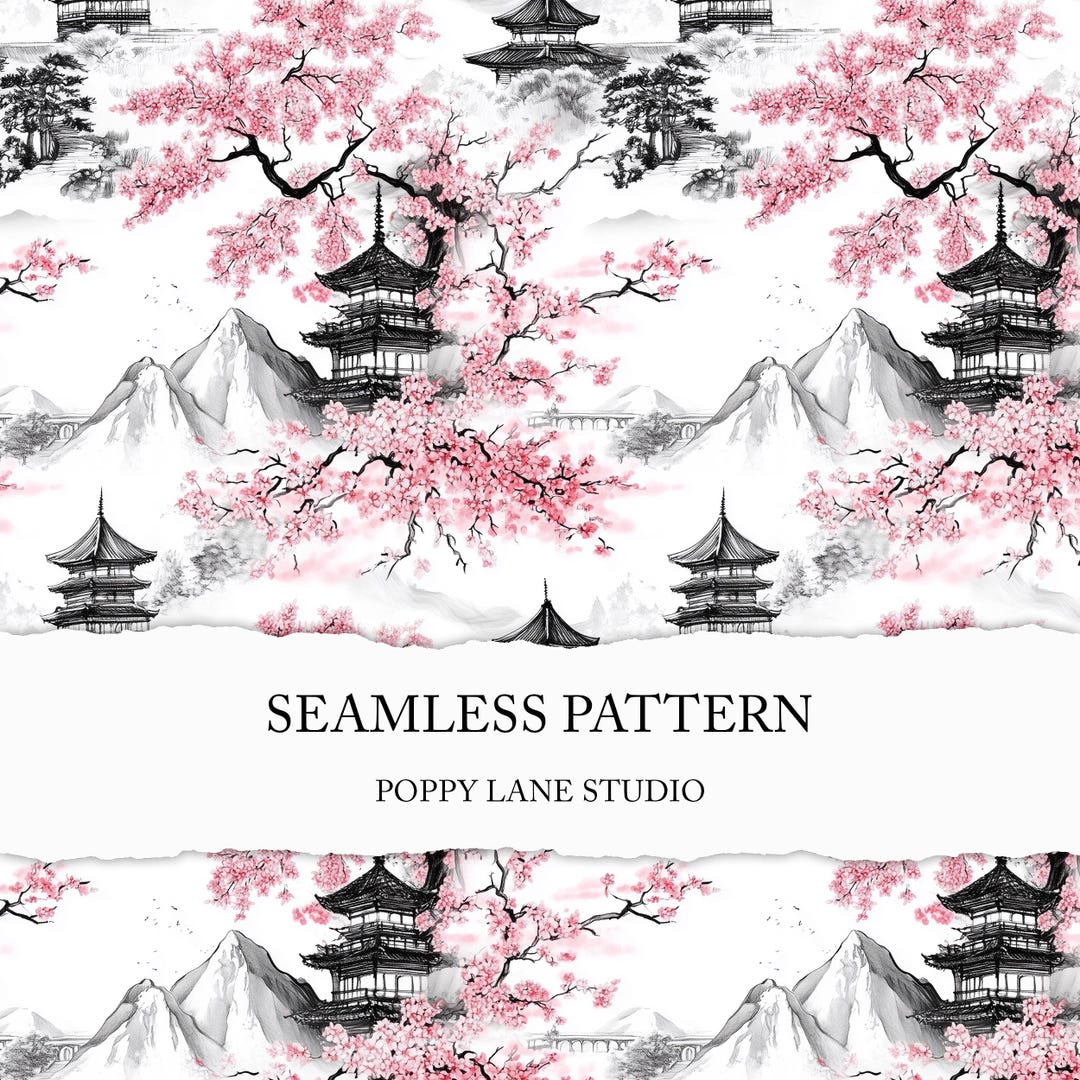 Japan Seamless Pattern, Asian Landscape Background, Japan Toile De Jouy ...