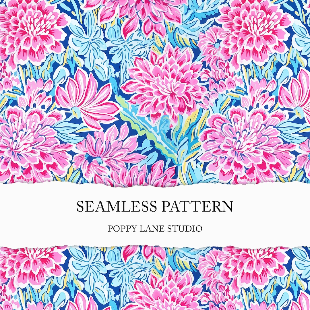 Preppy Pink and Blue Seamless Background, Preppy Watercolour Floral ...