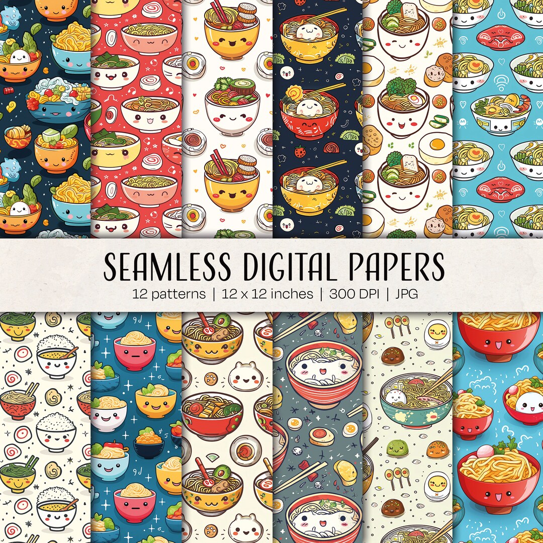 Cute Kawaii Ramen Pattern, Kawaii Ramen Digital Paper, Cute Chibi ...