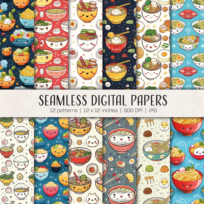 Cute Kawaii Ramen Pattern, Kawaii Ramen Digital Paper, Cute Chibi ...