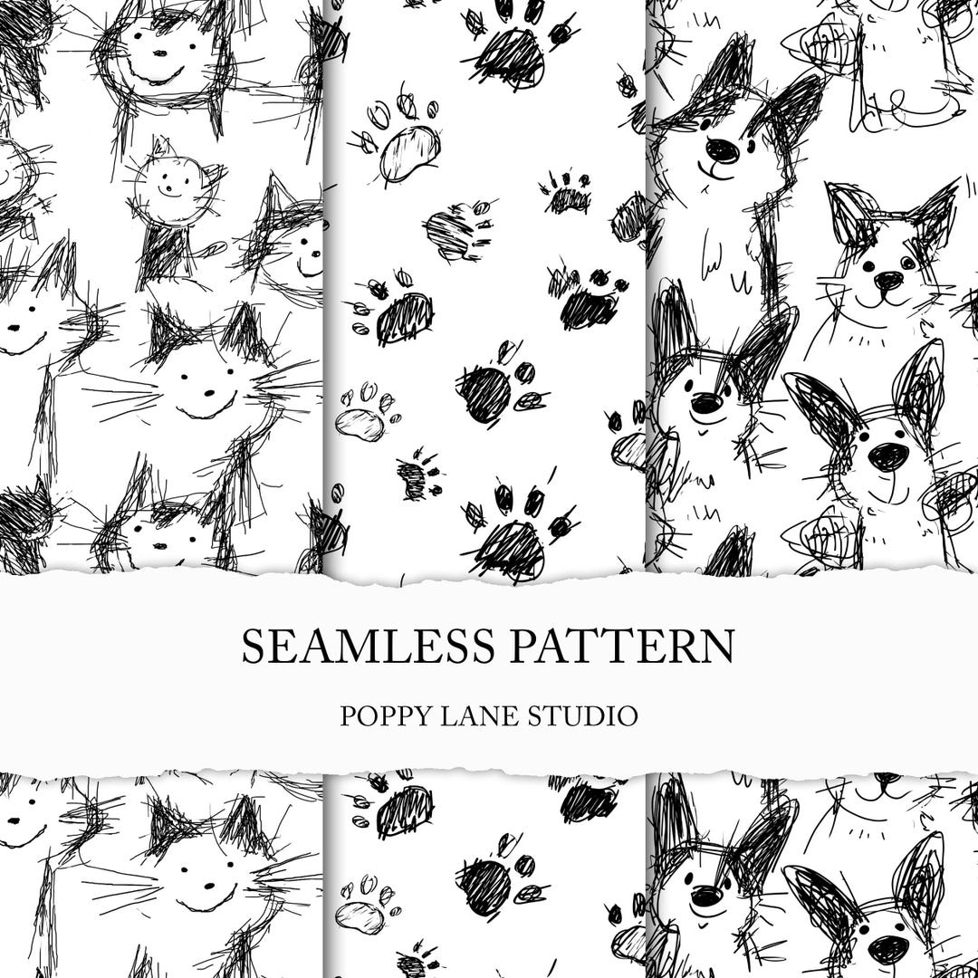 Pet Doodle Backgrounds, Monochromatic Dog Seamless Pattern, Modern Cat ...