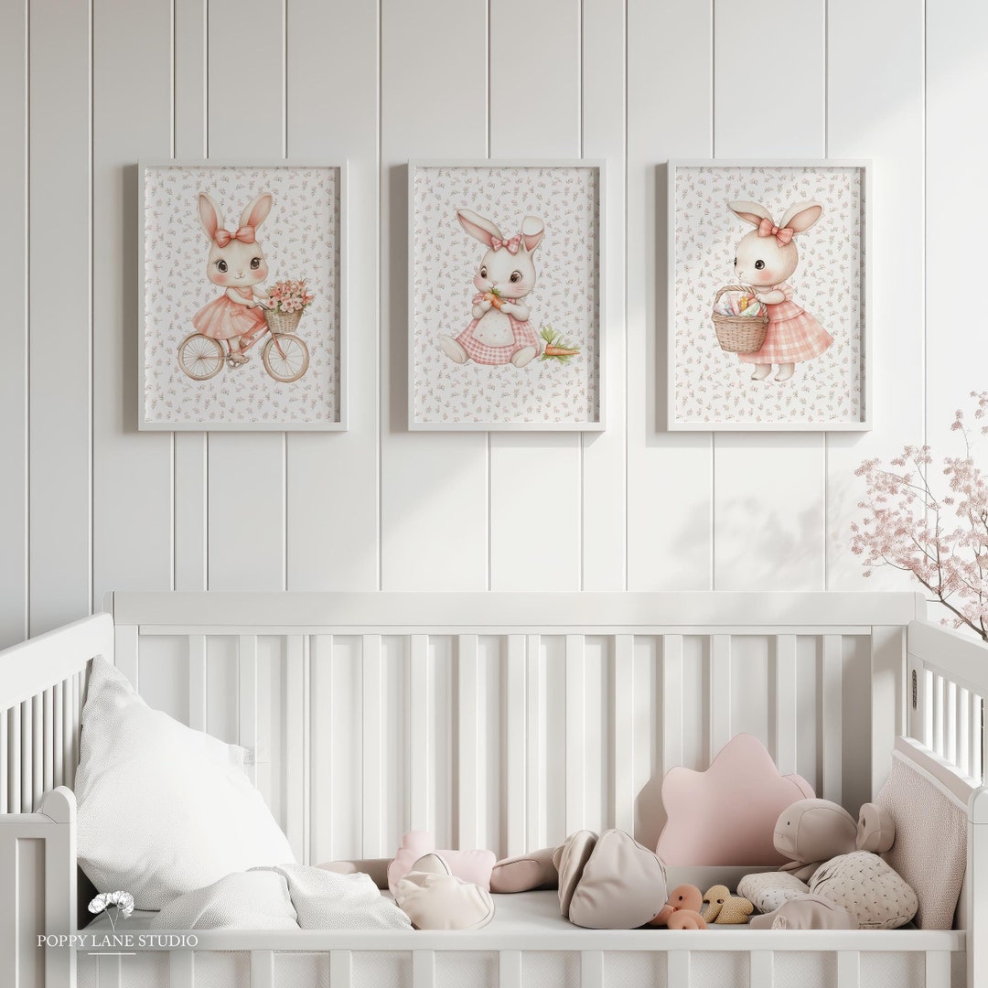 Pink Bunny Art Prints, Adorable Pink Bunny Wall Print, Girls Room, Baby ...