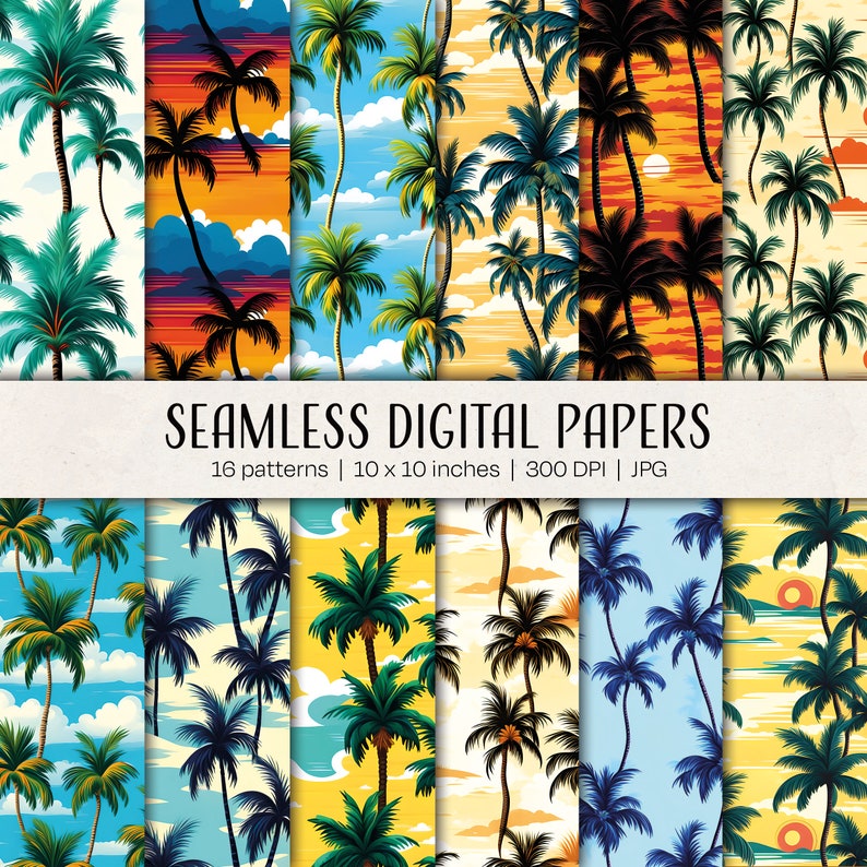 Retro Palm Tree Pattern, Palm Tree Digital Paper, Retro Sunset Beach ...
