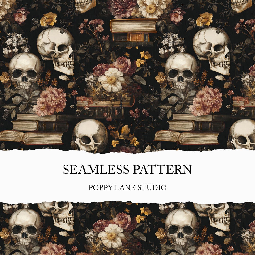 Vintage Skull Background, Books and Skulls Digital Paper, Floral Skull ...