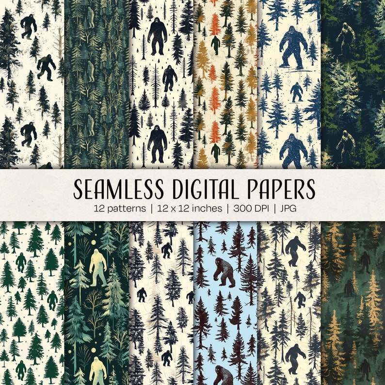Bigfoot Pattern, Bigfoot Digital Paper, Mythical Creature Legend Ape ...