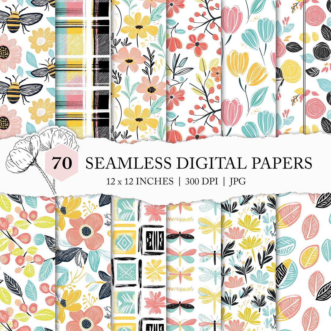 Colourful Spring Floral Digital Paper, Neon Flower Scrapbook Paper ...