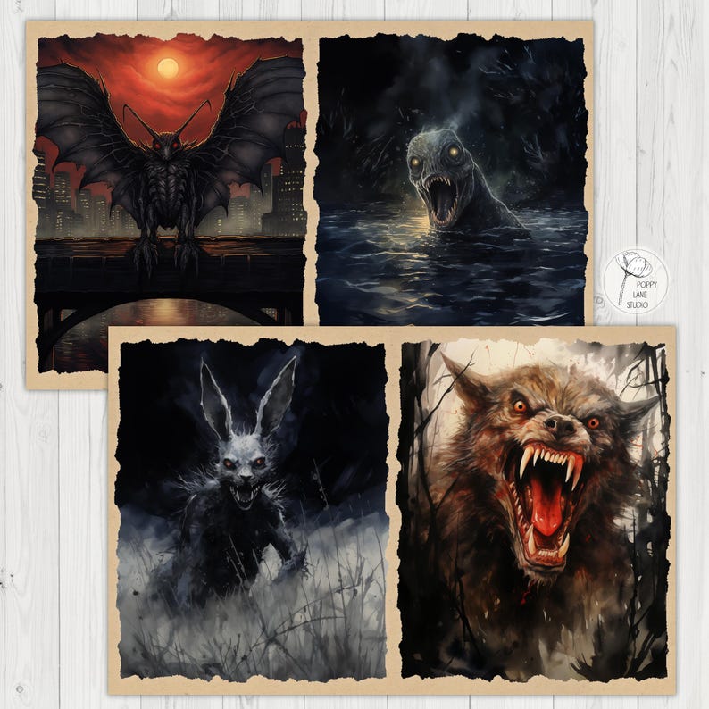 Cryptid Printable Pages, Mythical Creature Digital Paper, Scary ...