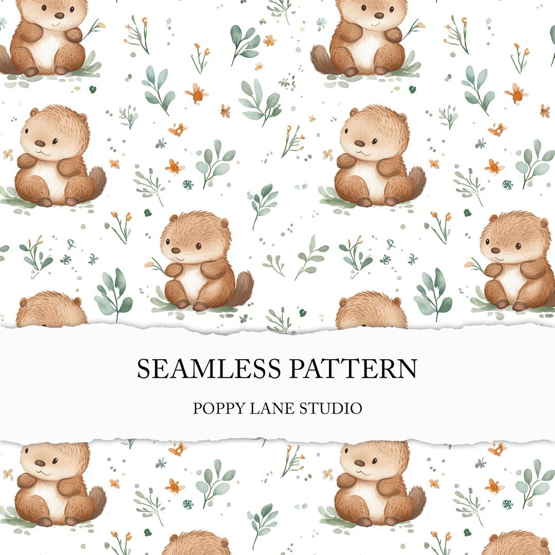 Watercolour Beaver Pattern, Baby Beaver Background, Cute Otter Pattern ...