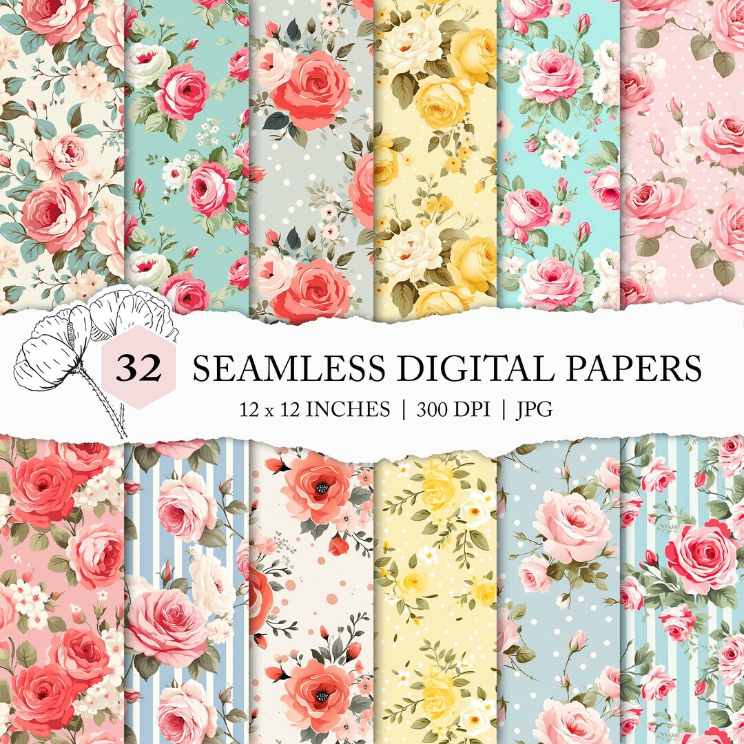 Shabby Chic Rose Pattern, Seamless Rose Background, Shabby Chic Digital ...