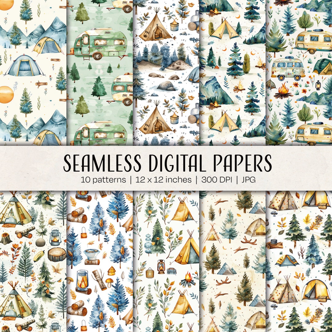 Camping Pattern, Camping Digital Paper, Camping Pattern, Camping ...