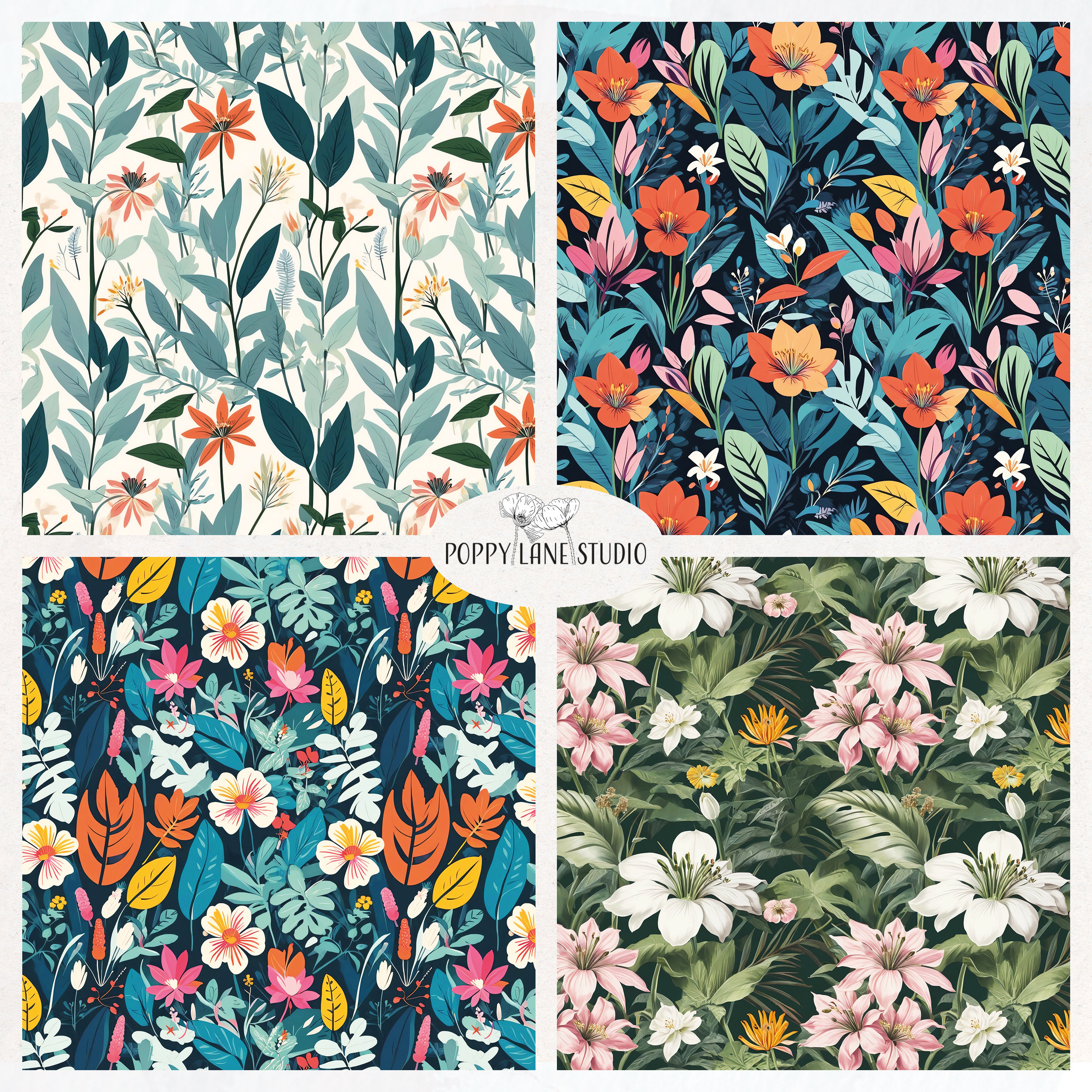 1950s Inspired Retro Botanical Pattern, Retro Botanical Flower Pattern ...