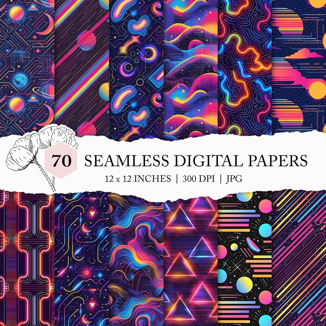 80s Neon Pattern, 1980s Digital Paper Pack, Neon Light Printable Paper ...