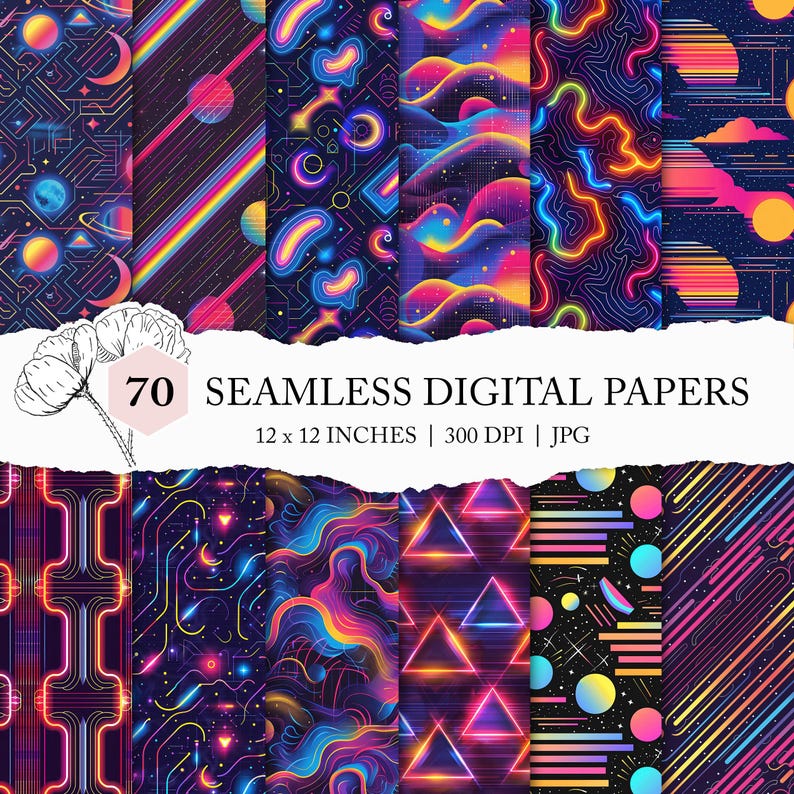 80s Neon Pattern, 1980s Digital Paper Pack, Neon Light Printable Paper ...